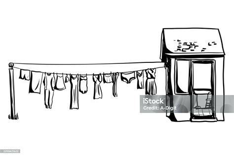 Clothesdryingonthelineinkdrawing Stock Illustration Download Image