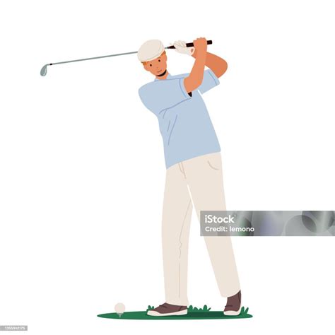 젊은 미소 남자 스포츠 유니폼 들고 골프 클럽 손에 재생 코스 고립 된 화이트 배경 풀 벼과에 대한 스톡 벡터 아트 및 기타 이미지 풀 벼과 건강한 생활방식 경기