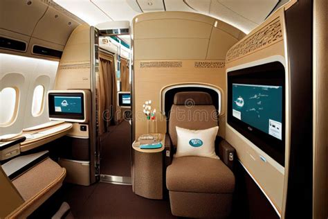 First Class Cabin With Luxury Seating And Top Notch Service On International Flight Stock