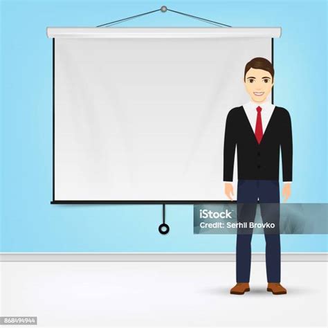 프레 젠 테이 션 프로젝터 스크린 화이트 보드와 함께 하는 사업 프레 젠 테이 션 개념 벡터 일러스트 레이 션입니다 경영자에