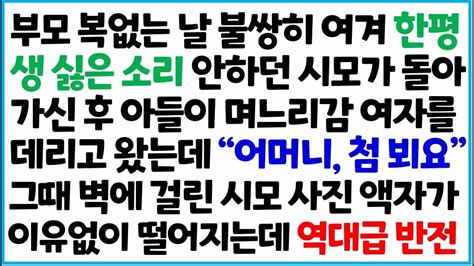 반전사이다사연 부모 복 없는 나를 불쌍히 여겨 한평생 싫은 소리 안하던 시모가 돌아가신 후 아들이 며느리감 여자를 데리고 왔는데