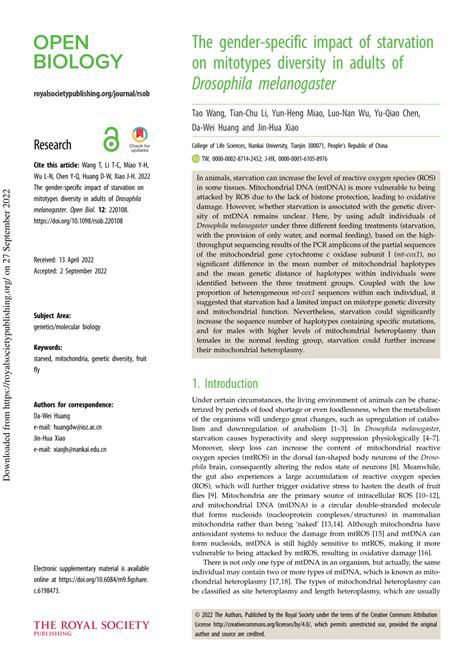 Pdf The Gender Specific Impact Of Starvation On Mitotypes Diversity In Adults Of Drosophila