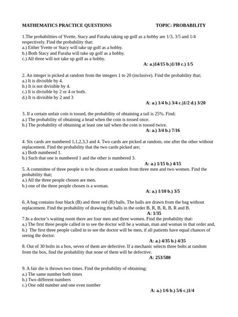 Practice Questions Probability 24 Pdf Odds Probability