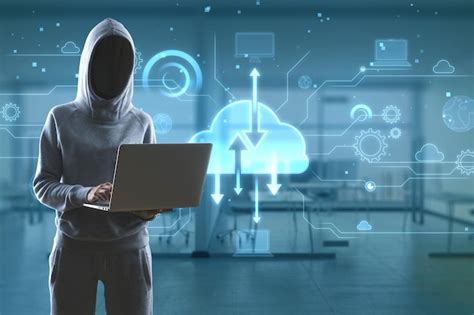 Premium Photo Hacker With Laptop Using Digital Cloud Computing