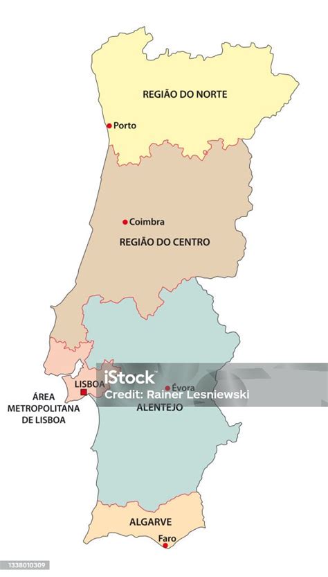 Administrative Vector Map Of The Five Regions Of Portugal Stock