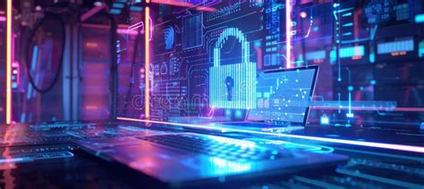 Advanced Cybersecurity Technology With Holographic Padlock For Digital Office Environment Design