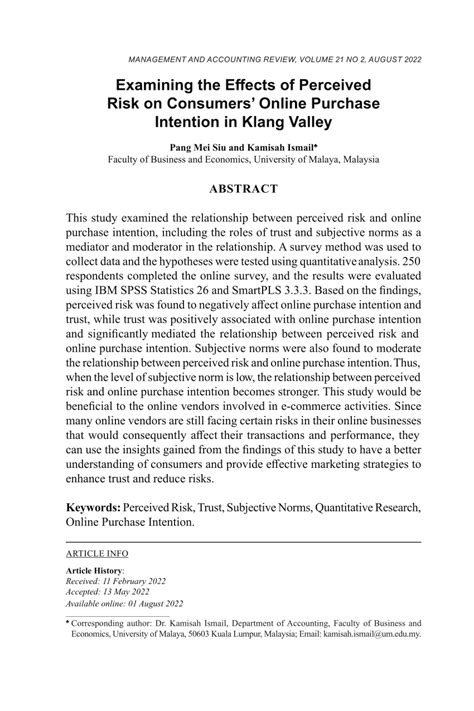 Pdf Examining The Effects Of Perceived Risk On Consumers Online Purchase Intention In Klang