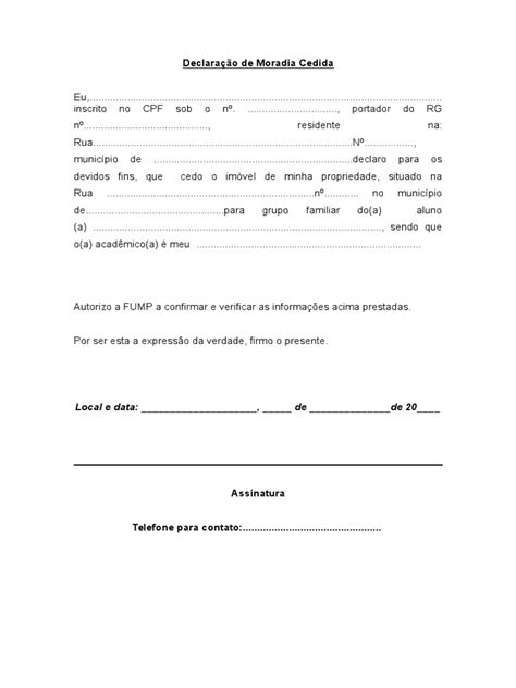 Declaração De Moradia Cedida