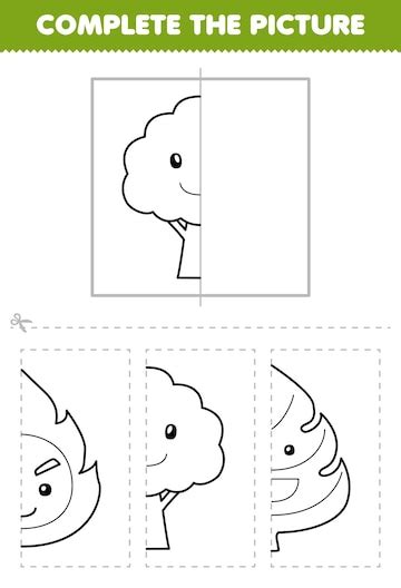 어린이를 위한 교육 게임은 인쇄 가능한 자연 워크시트를 색칠하기 위한 귀여운 만화 나무 반 개요의 그림을 자르고 완성합니다