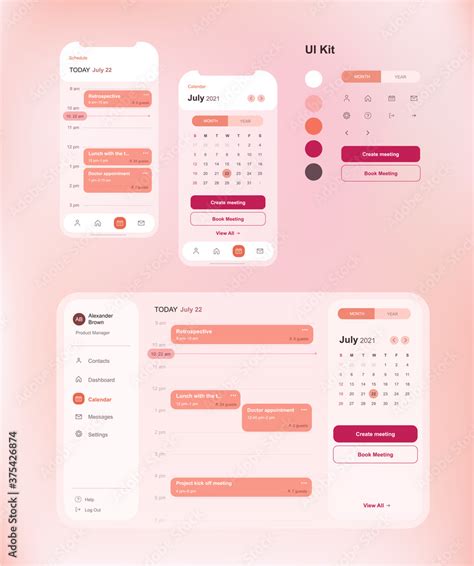User Interface Kit With Key Screens Of Calendar Application With Web And Mobile Mockups And