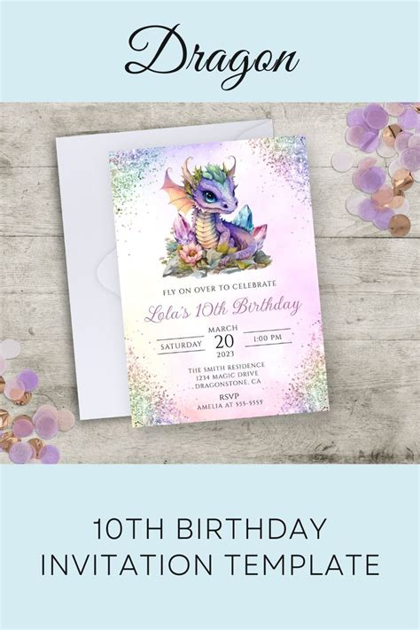 Girls Dragon 10th Birthday Invitation Template Purple Dragon Invite