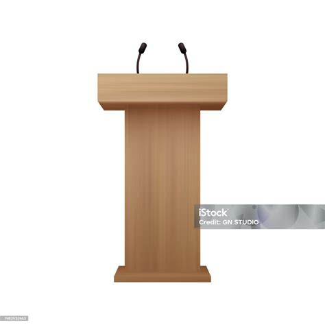 회의 강의 또는 토론에서 연사를 위한 마이크가 있는 나무 웅변가 연단 대중과의 프레젠테이션 및 커뮤니케이션을 위한 현실적인 연단