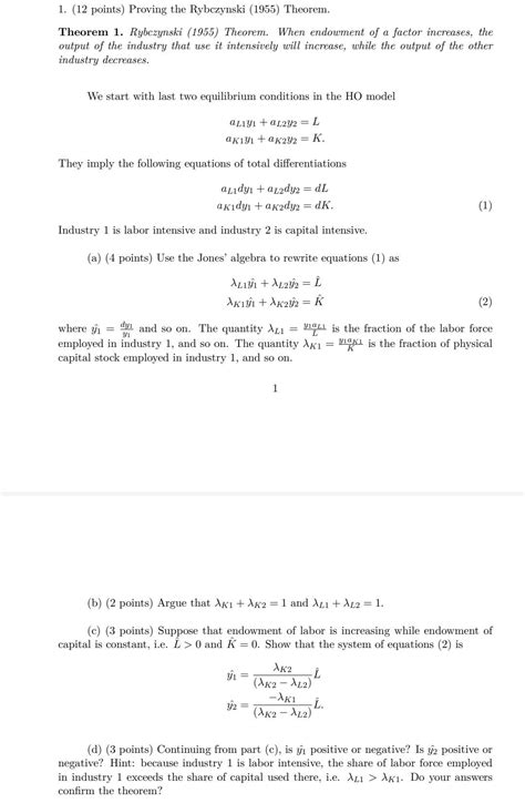 1 12 Points Proving The Rybczynski 1955 Theorem