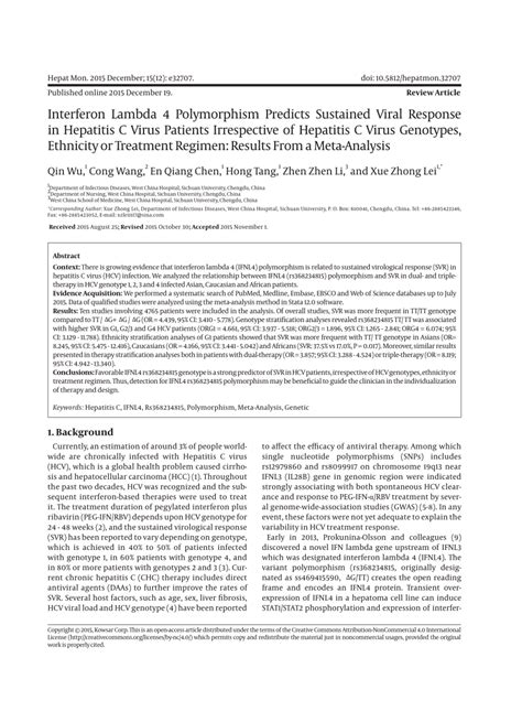 Pdf Interferon Lambda 4 Polymorphism Predicts Sustained Viral Response In Hepatitis C Virus
