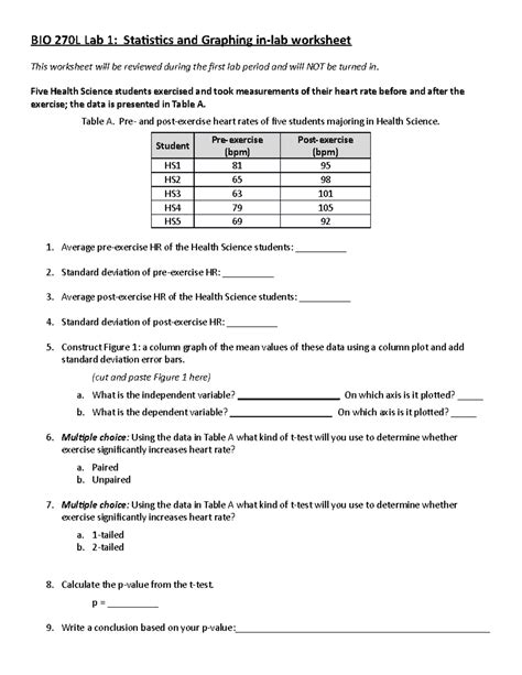 Lab 1 Statistics And Graphing In Lab Worksheet Bio 270l Lab 1