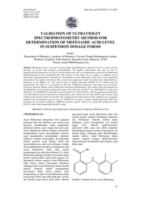 Pdf Validation Of Ultraviolet Spectrophotometry Method For Determination Of Mefenamic Acid