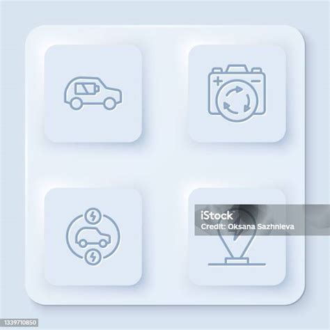 세트 라인 전기 자동차 재활용 기호 배터리 충전 주차 전기 흰색 정사각형 버튼 벡터 차에 대한 스톡 벡터 아트 및 기타 이미지