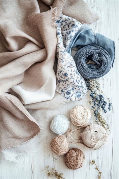 Artfully Arranged Soft Fabrics And Threads On Wood For Textile Design Inspiration Stock Photo