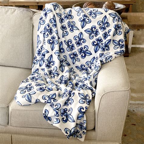 Velour Throw With Blue Fleur De Lis Print The Initial Design