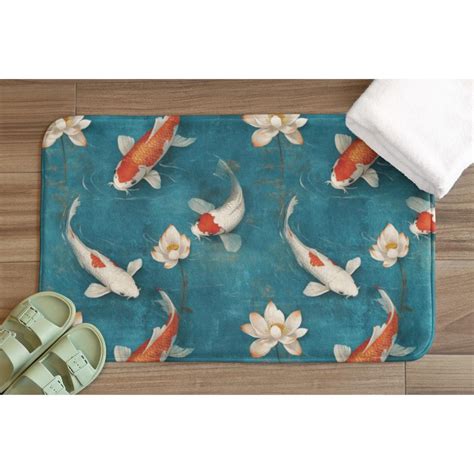 Japanese Koi Fish And White Lotus Bath Mat Pond Bathroom Decor Fish