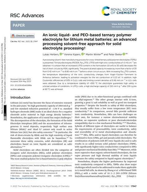 Pdf An Ionic Liquid And Peo Based Ternary Polymer Electrolyte For
