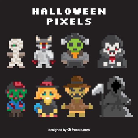 픽셀 화 할로윈 비디오 게임 캐릭터 팩 프리미엄 벡터