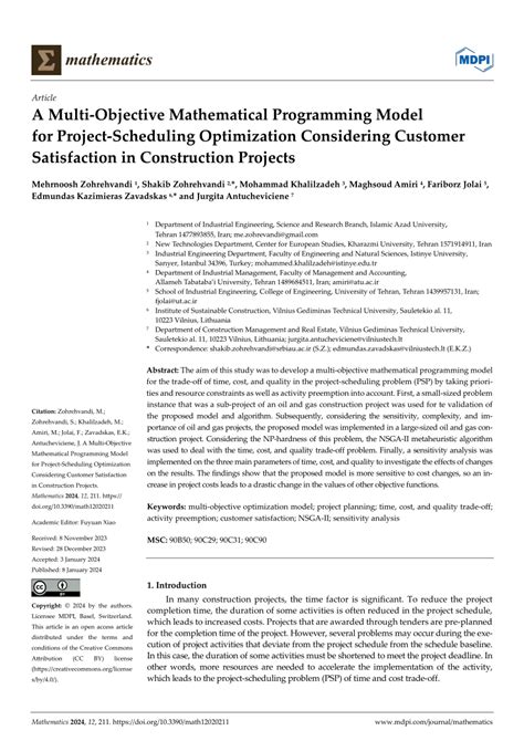 Pdf A Multi Objective Mathematical Programming Model For Project
