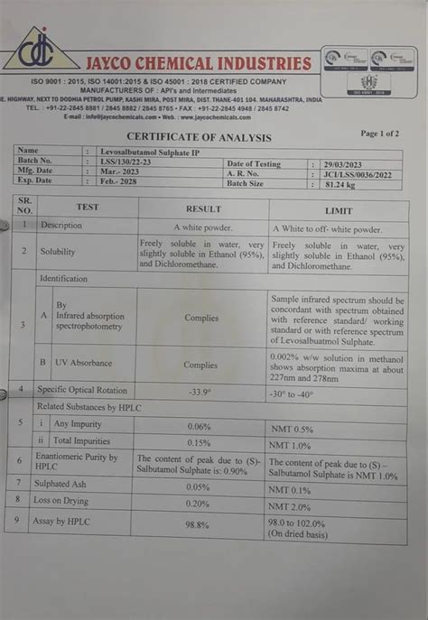 Levosalbutamol Sulphate Api Ip At Best Price In Kolkata Id 21787047262