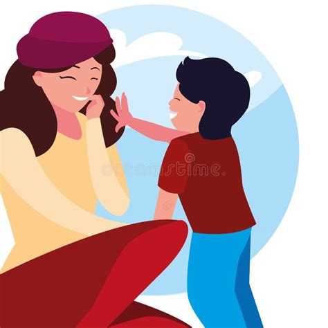 Mother And Son With Pattern Sky Clouds Stock Illustration