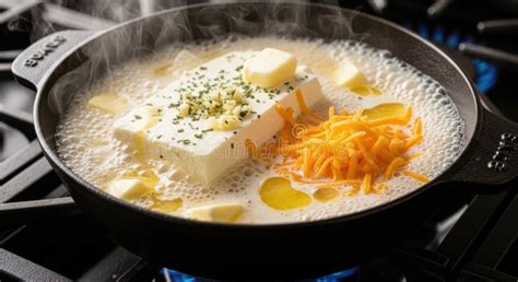 Cream Cheese And Shredded Cheddar Melting In A Hot Pan Stock