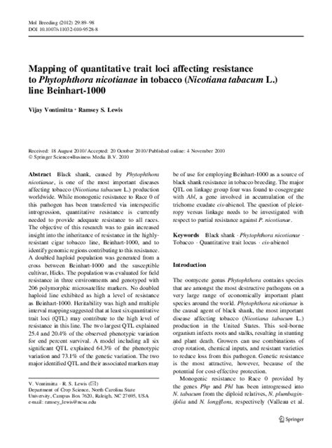 Pdf Mapping Of Quantitative Trait Loci Affecting Resistance To Phytophthora Nicotianae In
