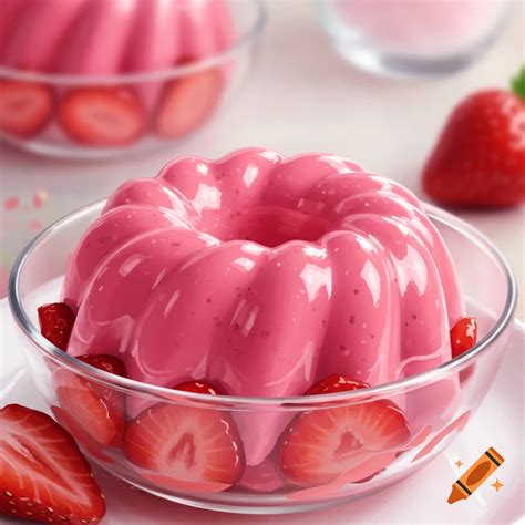 Bright Pink Pudding In A Clear Glass Bowl Garnished With Strawberry
