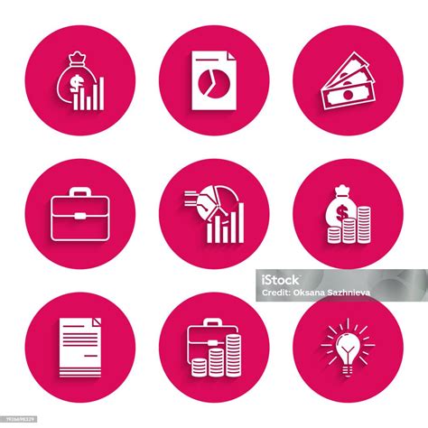 Set Pie Chart Infographic Briefcase And Coin Light Bulb With Rays Shine