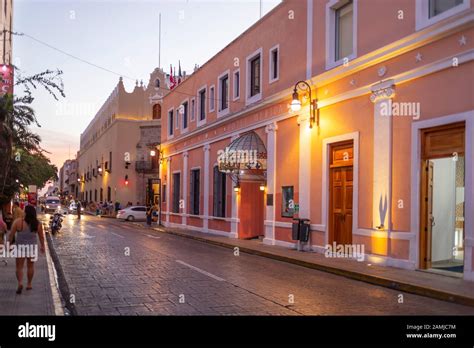The Facade Of The Hotel Merida At Dusk On Calle 60 In Merida Yucatan