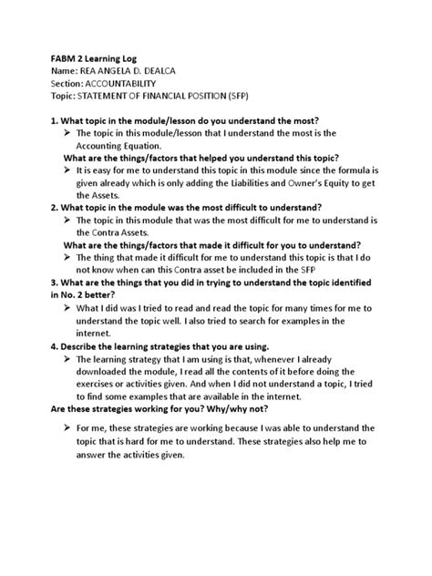 Understanding Financial Statements Rea Angela D Dealcas Learning Logs On The Statement Of