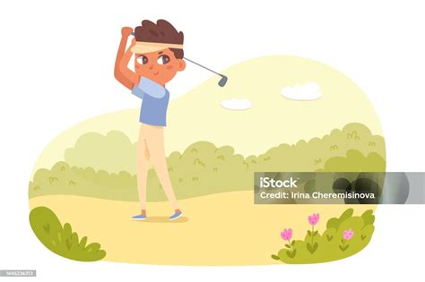 골프 벡터 일러스트레이션을 하는 젊은 골퍼 만화는 스윙 포즈를 취한 작은 소년 프로 선수 공을 치기 위해 골프 클럽을 들고 있는