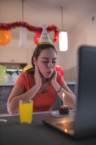 Young Pretty Girl Celebrating Her Birthday With Her Friends On Video