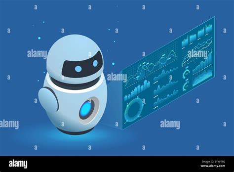 isometric ai robot interacting with digital analytics interface displaying kpis data insights