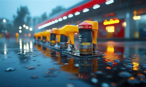 Fuel Pumps Shine In The Rain At A Gas Station During Twilight Hours