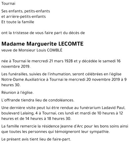Avis De Décès De Marguerite Lecomte Décédé Le 16112019 à Tournai