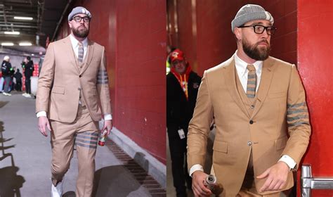 Travis Kelces Pregame Outfit Shows His Stripes In Thom Browne Suit For