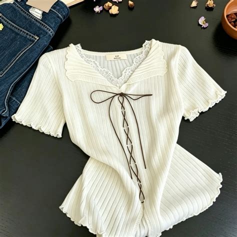 太减龄了吧~韩系chic蕾丝花边翻领绑带短袖t恤女设计感显瘦上衣服