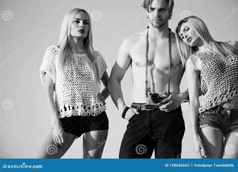 Man Or Photographer Posing With Adorable Women Stock Image Image Of