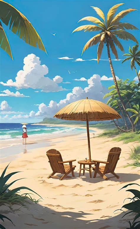Beach At Tropical Resort Sand Straw Umbrella Comic Book Style Lofi