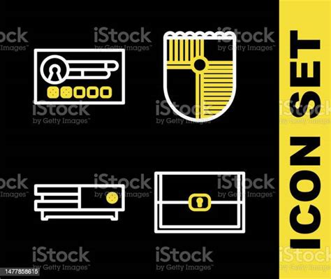 게임 가슴 비디오 콘솔 및 계정 만들기 화면 아이콘에 대한 라인 쉴드를 설정합니다 벡터 Brand Name Video Game에 대한 스톡 벡터 아트 및 기타 이미지