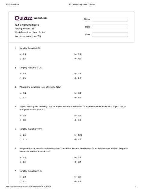 12 1 Simplifying Ratios Quizizz Pdf Division Mathematics Arithmetic