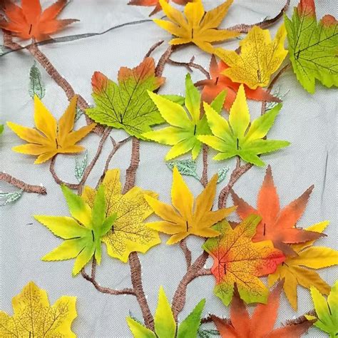 Vivid Autumnal Color Maple Leaf Embroidery Fabric Oneyard