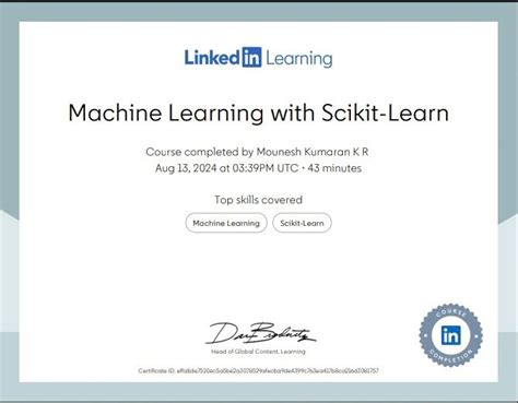 completed machine learning with scikit learn course mounesh kumaran