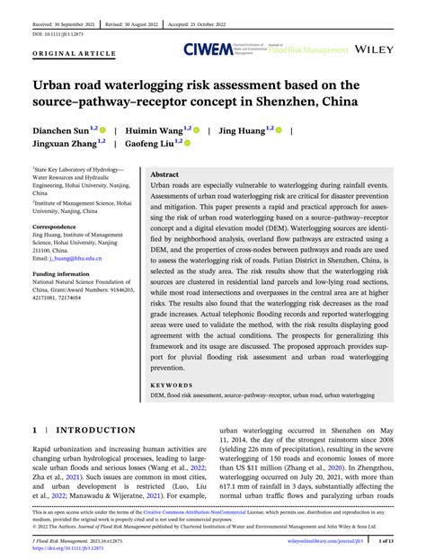 Pdf Urban Road Waterlogging Risk Assessment Based On The Sourcepathwayreceptor Concept In