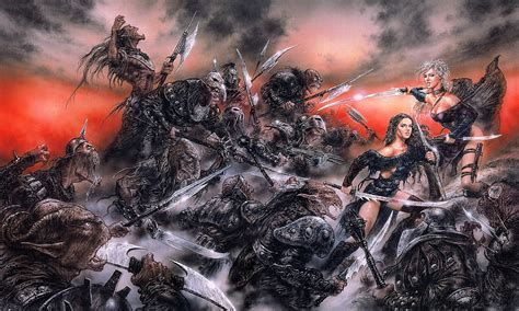 Luis Royo Original Highres Traditional Media 2girls 6others Armor Axe Bare Shoulders